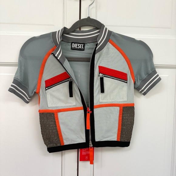 Diesel | Tops | Diesel Gray Nylon And Mesh Zip Up Crop Top | Poshmark
